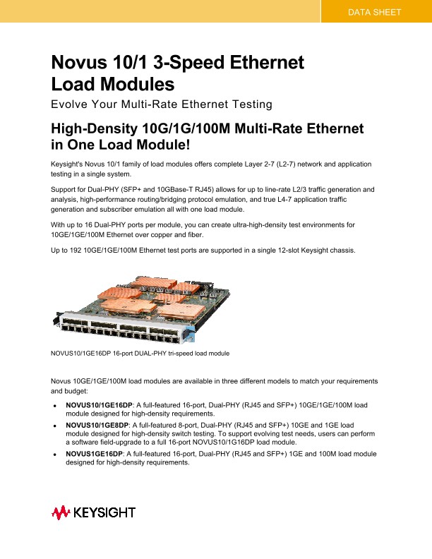 Novus 10/1 3-Speed Ethernet Load Modules PDF Asset Page | Keysight